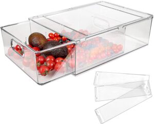 refrigerator organizer bins with pull-out drawer, large stackable fridge drawer organizer set with handle, bpa-free drawable clear storage cases for freezer, cabinet, kitchen, pantry organization