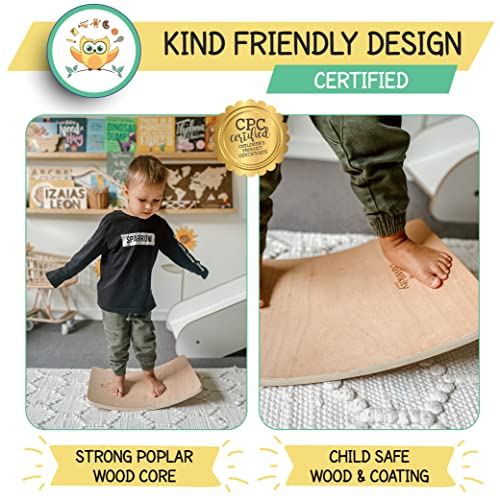 DaWikity Kids Balance Board - Wooden Wobble Board for Kids - Compact Balancing Trainer for Children, Toddlers, Adults - Solid Poplar Core with Eco-Conscious Coating, Up to 480 lbs Capacity - 17x12x3"