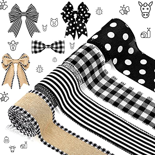 4 Rolls 24 Yards Christmas Farmhouse Buffalo Plaid Ribbons Wired Edge 2.5 Inch Farmhouse Burlap Ribbon Black White Stripe Wrapping Ribbon Polka Dot Roll Assorted Black Ribbon for Crafts DIY Garland