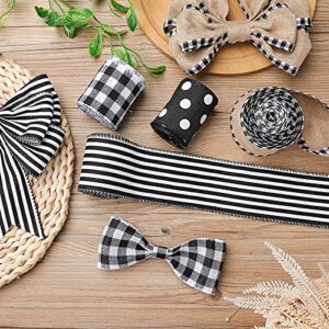 4 Rolls 24 Yards Christmas Farmhouse Buffalo Plaid Ribbons Wired Edge 2.5 Inch Farmhouse Burlap Ribbon Black White Stripe Wrapping Ribbon Polka Dot Roll Assorted Black Ribbon for Crafts DIY Garland