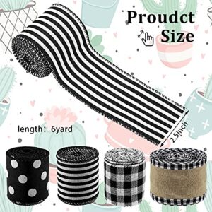 4 Rolls 24 Yards Christmas Farmhouse Buffalo Plaid Ribbons Wired Edge 2.5 Inch Farmhouse Burlap Ribbon Black White Stripe Wrapping Ribbon Polka Dot Roll Assorted Black Ribbon for Crafts DIY Garland