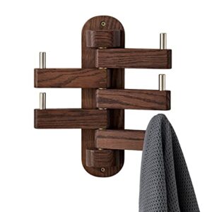 inman swivel coat hooks for wall, oak wood wall hook, swivel wall coat rack heavy duty foldable wall hooks for coat hat towel purse robes mudroom bathroom entryway (walnut