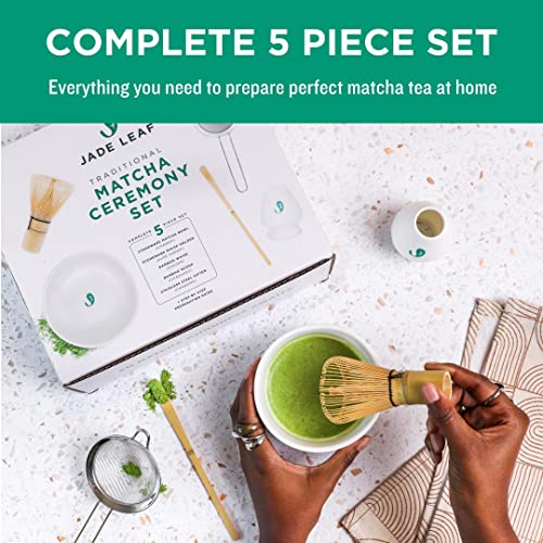 Jade Leaf Matcha Complete Matcha Ceremony Set - Includes: Bamboo Matcha Whisk & Scoop, Stainless Steel Sifter, Stoneware Bowl & Whisk Holder, and Prep Guide