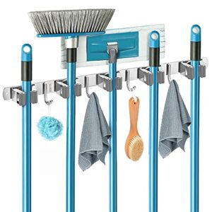 broom mop holder wall mount - 5 racks 4 hooks broom organizer wall mount, tool racks, stainless steel heavy duty hooks self adhesive solid non-slip for home kitchen garden laundry garage