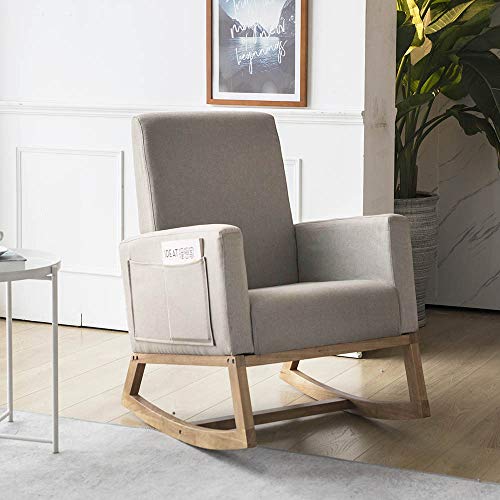 Paddie Rocking Chair Nursery Fabric Rocking Sofa Armchair with Solid Wood Base, Side Pocket, Linen Fabric Upholstered Baby Rocking Chair for Living Room (Beige)