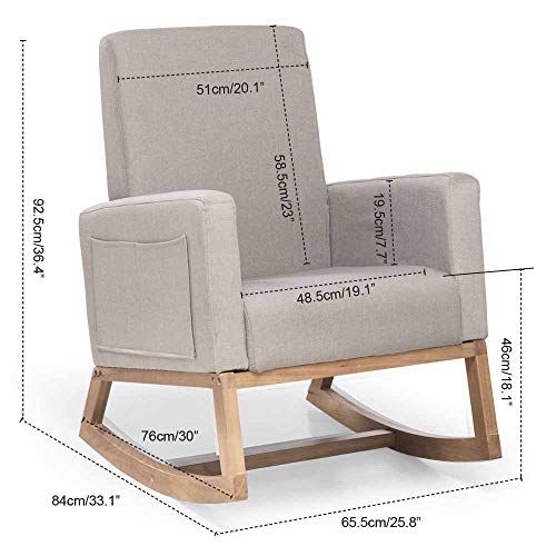 Paddie Rocking Chair Nursery Fabric Rocking Sofa Armchair with Solid Wood Base, Side Pocket, Linen Fabric Upholstered Baby Rocking Chair for Living Room (Beige)