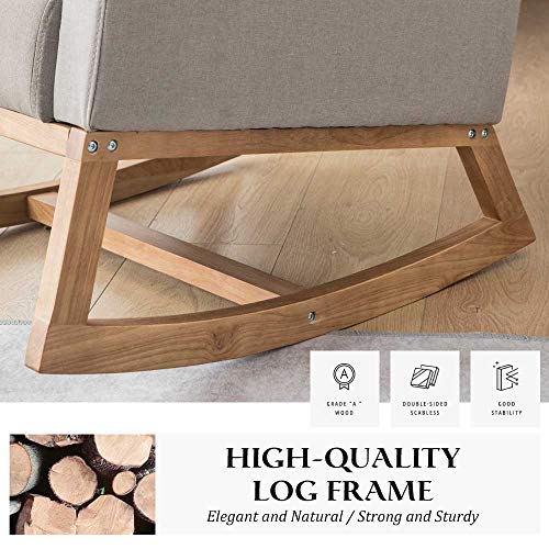 Paddie Rocking Chair Nursery Fabric Rocking Sofa Armchair with Solid Wood Base, Side Pocket, Linen Fabric Upholstered Baby Rocking Chair for Living Room (Beige)