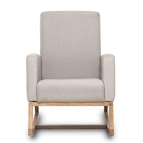 Paddie Rocking Chair Nursery Fabric Rocking Sofa Armchair with Solid Wood Base, Side Pocket, Linen Fabric Upholstered Baby Rocking Chair for Living Room (Beige)