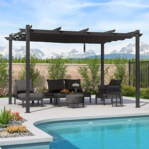 purple leaf outdoor retractable pergola with sun shade canopy 10' x 13' patio aluminum pergola shelter for backyard deck garden modern metal grill gazebo, gray