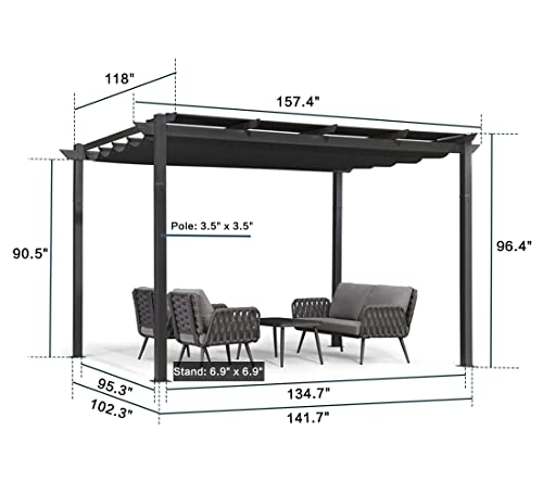 PURPLE LEAF Outdoor Retractable Pergola with Sun Shade Canopy 10' x 13' Patio Aluminum Pergola Shelter for Backyard Deck Garden Modern Metal Grill Gazebo, Gray