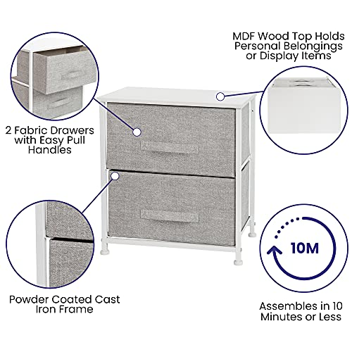 Flash Furniture Harris 2 Drawer Storage Organizer - White Cast Iron Frame and Wood Top - 2 Easy Pull Light Gray Fabric Drawers