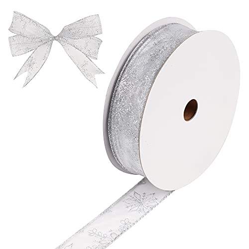 Snowflake Wired Sheer Glitter Ribbon Christmas Snowflake Ribbon 1.5" x 50 Yards for Gift Wrapping, Wreath Decoration, Garland, Tree Topper Bow, Winter, Gift Basket, Bows (Silver, 1.5inch)