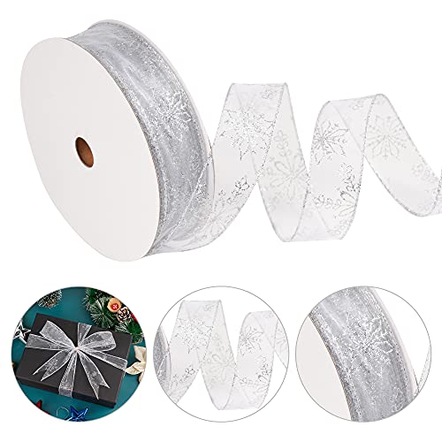 Snowflake Wired Sheer Glitter Ribbon Christmas Snowflake Ribbon 1.5" x 50 Yards for Gift Wrapping, Wreath Decoration, Garland, Tree Topper Bow, Winter, Gift Basket, Bows (Silver, 1.5inch)