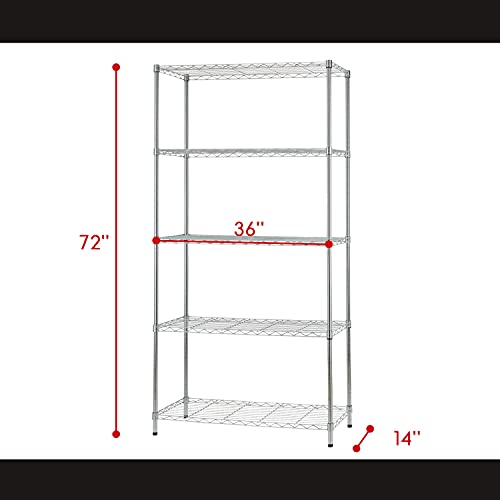 5 Tier Wire Shelving Unit 72"x36"x14"Storage Shelves Metal Wire Shelf Storage Rack Adjustable Commercial Organizer Heavy Duty Layer Unit for Restaurant Garage Pantry Kitchen Office (Chrome)