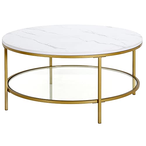 Henn&Hart 36" Wide Round Round Coffee Table with Faux Marble Top in Gold, Modern Round Coffee Tables for living room, studio apartment essentials