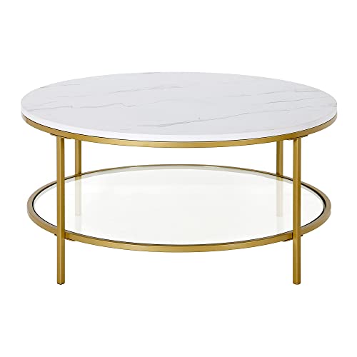 Henn&Hart 36" Wide Round Round Coffee Table with Faux Marble Top in Gold, Modern Round Coffee Tables for living room, studio apartment essentials