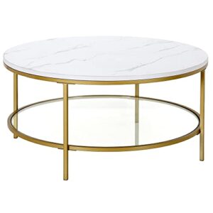 Henn&Hart 36" Wide Round Round Coffee Table with Faux Marble Top in Gold, Modern Round Coffee Tables for living room, studio apartment essentials