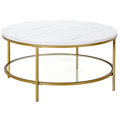 Henn&Hart 36" Wide Round Round Coffee Table with Faux Marble Top in Gold, Modern Round Coffee Tables for living room, studio apartment essentials