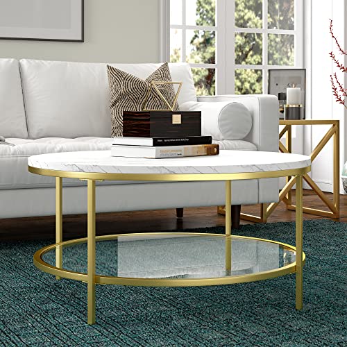 Henn&Hart 36" Wide Round Round Coffee Table with Faux Marble Top in Gold, Modern Round Coffee Tables for living room, studio apartment essentials