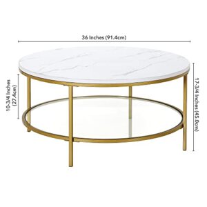 Henn&Hart 36" Wide Round Round Coffee Table with Faux Marble Top in Gold, Modern Round Coffee Tables for living room, studio apartment essentials