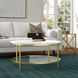 Henn&Hart 36" Wide Round Round Coffee Table with Faux Marble Top in Gold, Modern Round Coffee Tables for living room, studio apartment essentials