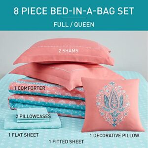 Degrees of Comfort Bed in A Bag Queen Size ，Boho Mandala Complete Comforter Sets, Microfiber Bohemian Bedding Set with Side Pockets, Matching Decorative Pillow, 8 Piece Coral