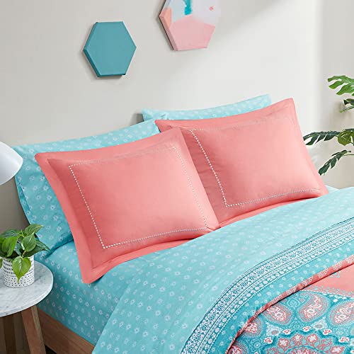 Degrees of Comfort Bed in A Bag Queen Size ，Boho Mandala Complete Comforter Sets, Microfiber Bohemian Bedding Set with Side Pockets, Matching Decorative Pillow, 8 Piece Coral