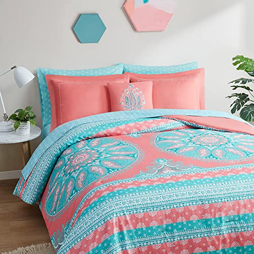 Degrees of Comfort Bed in A Bag Queen Size ，Boho Mandala Complete Comforter Sets, Microfiber Bohemian Bedding Set with Side Pockets, Matching Decorative Pillow, 8 Piece Coral