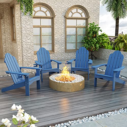 LUE BONA Adirondack Chairs Set of 4, Navy Blue Poly Adirondack Chairs with Cup Holder, 300LBS Modern Adirondack Chair Weather Resistant, Outdoor Patio Chair for Fire Pit, Patio, Law, Balcony, Backyard