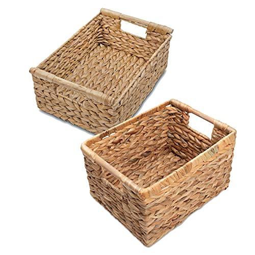 Natural Water Hyacinth Storage Basket with Handle, Rectangular Wicker Basket for Organizing, Decorative Wicker Storage Basket for Living Room, Medium Wicker Basket