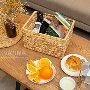 Natural Water Hyacinth Storage Basket with Handle, Rectangular Wicker Basket for Organizing, Decorative Wicker Storage Basket for Living Room, Medium Wicker Basket