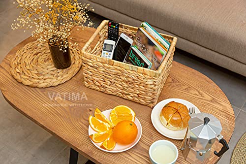 Natural Water Hyacinth Storage Basket with Handle, Rectangular Wicker Basket for Organizing, Decorative Wicker Storage Basket for Living Room, Medium Wicker Basket