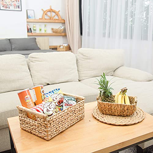 Natural Water Hyacinth Storage Basket with Handle, Rectangular Wicker Basket for Organizing, Decorative Wicker Storage Basket for Living Room, Medium Wicker Basket