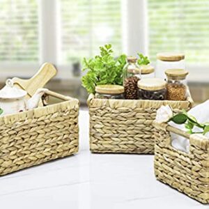 Natural Water Hyacinth Storage Basket with Handle, Rectangular Wicker Basket for Organizing, Decorative Wicker Storage Basket for Living Room, Medium Wicker Basket