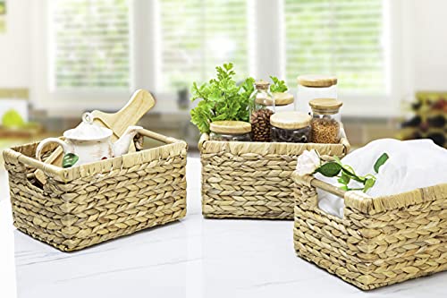 Natural Water Hyacinth Storage Basket with Handle, Rectangular Wicker Basket for Organizing, Decorative Wicker Storage Basket for Living Room, Medium Wicker Basket