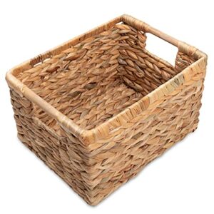 Natural Water Hyacinth Storage Basket with Handle, Rectangular Wicker Basket for Organizing, Decorative Wicker Storage Basket for Living Room, Medium Wicker Basket