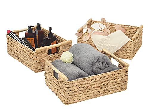 Natural Water Hyacinth Storage Basket with Handle, Rectangular Wicker Basket for Organizing, Decorative Wicker Storage Basket for Living Room, Medium Wicker Basket