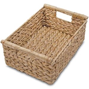 Natural Water Hyacinth Storage Basket with Handle, Rectangular Wicker Basket for Organizing, Decorative Wicker Storage Basket for Living Room, Medium Wicker Basket