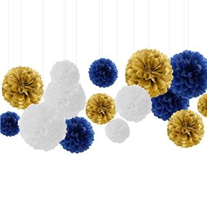 navy-blue white gold paper flowers - 15pcs 5 size tissue paper pom-poms,men birthday graduation bachelorette decorations baby boy room hanging decor engagement party backdrop decoration panduola