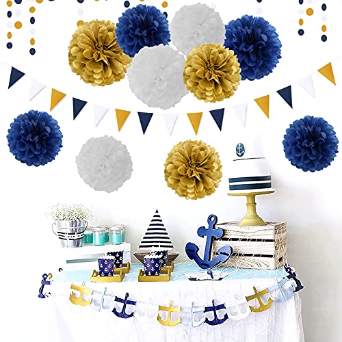 Navy-Blue White Gold Paper Flowers - 15pcs 5 Size Tissue Paper Pom-Poms,Men Birthday Graduation Bachelorette Decorations Baby Boy Room Hanging Decor Engagement Party Backdrop Decoration Panduola