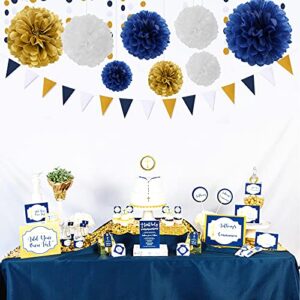 Navy-Blue White Gold Paper Flowers - 15pcs 5 Size Tissue Paper Pom-Poms,Men Birthday Graduation Bachelorette Decorations Baby Boy Room Hanging Decor Engagement Party Backdrop Decoration Panduola