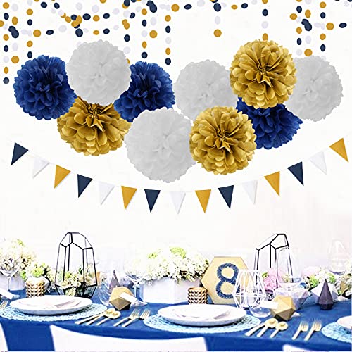 Navy-Blue White Gold Paper Flowers - 15pcs 5 Size Tissue Paper Pom-Poms,Men Birthday Graduation Bachelorette Decorations Baby Boy Room Hanging Decor Engagement Party Backdrop Decoration Panduola