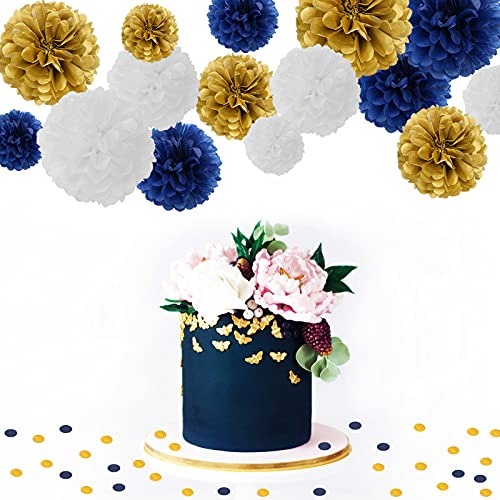 Navy-Blue White Gold Paper Flowers - 15pcs 5 Size Tissue Paper Pom-Poms,Men Birthday Graduation Bachelorette Decorations Baby Boy Room Hanging Decor Engagement Party Backdrop Decoration Panduola