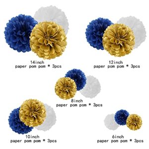 Navy-Blue White Gold Paper Flowers - 15pcs 5 Size Tissue Paper Pom-Poms,Men Birthday Graduation Bachelorette Decorations Baby Boy Room Hanging Decor Engagement Party Backdrop Decoration Panduola