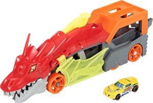 hot wheels toy car track set city dragon launch transporter & 1:64 scale car, stores up to 5 vehicles