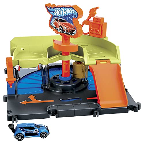 Hot Wheels City Toy Car Track Set Downtown Express Car Wash Playset with 1:64 Scale Car, Foam Roller & Drying Flaps