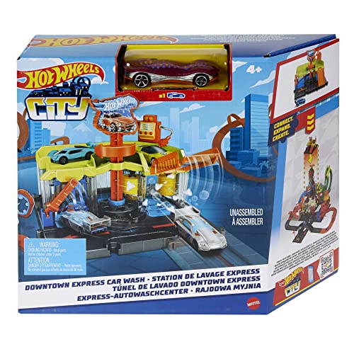 Hot Wheels City Toy Car Track Set Downtown Express Car Wash Playset with 1:64 Scale Car, Foam Roller & Drying Flaps