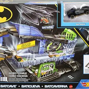 Hot Wheels Dc Batcave Playset with Batman Character Car in 1:64 Scale, Toy Replica of the Batcave with Storage