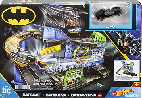 Hot Wheels Dc Batcave Playset with Batman Character Car in 1:64 Scale, Toy Replica of the Batcave with Storage