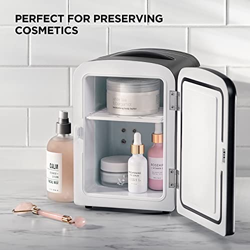 Chefman Mini Portable Personal Fridge Extra-Cold Or Warm, Compact Storage for Skin Care, Formula, Or Snacks, Fits 6 12-oz Cans, Lightweight 4-Liter Capacity, Black